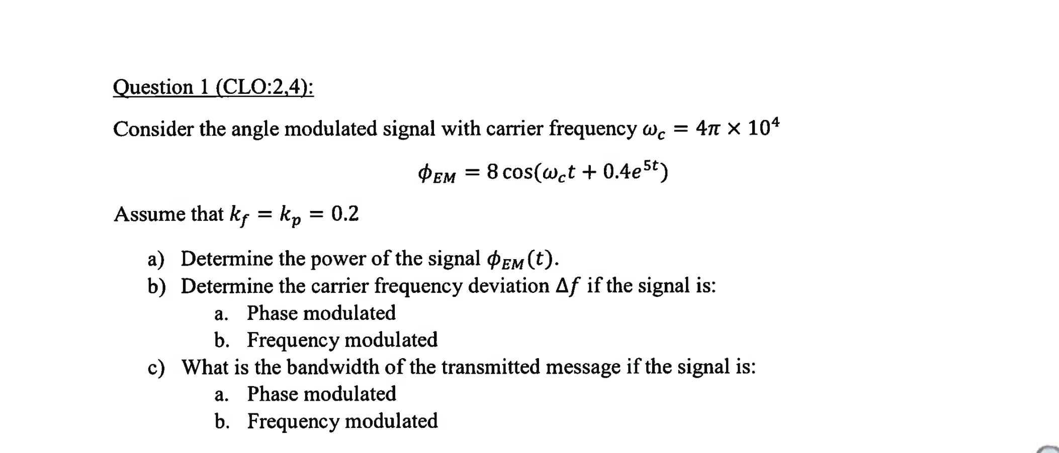 Consider the angle modulated signal with carrier | Chegg.com