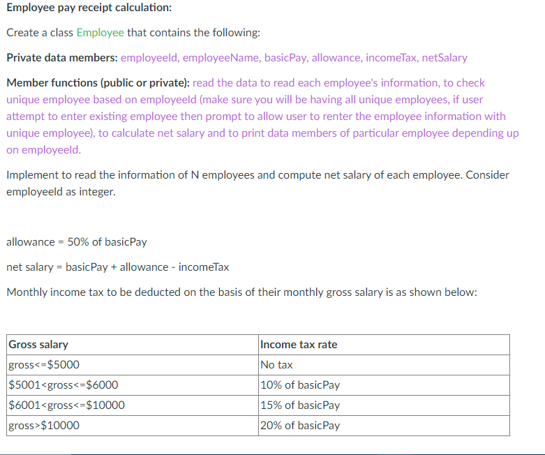 Solved Employee pay receipt calculation: Create a class | Chegg.com