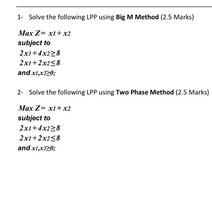 Solved 1- Solve the following LPP using Big M Method (2.5 | Chegg.com