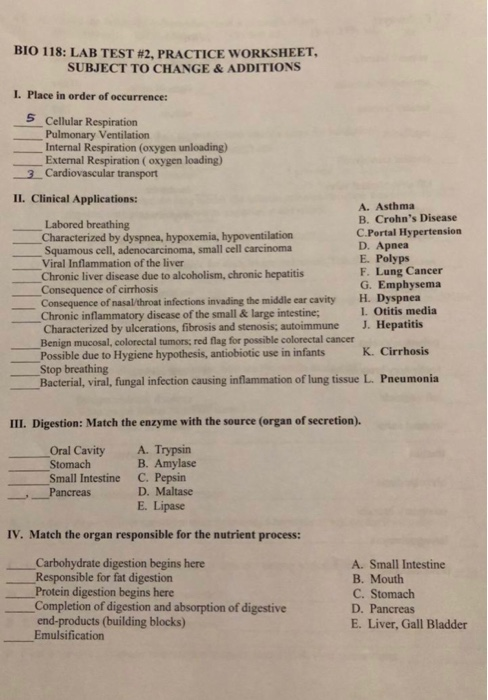 Solved BIO 1 18: LAB TEST #2, PRACTICE WORKSHEET. SUBJECT TO | Chegg.com