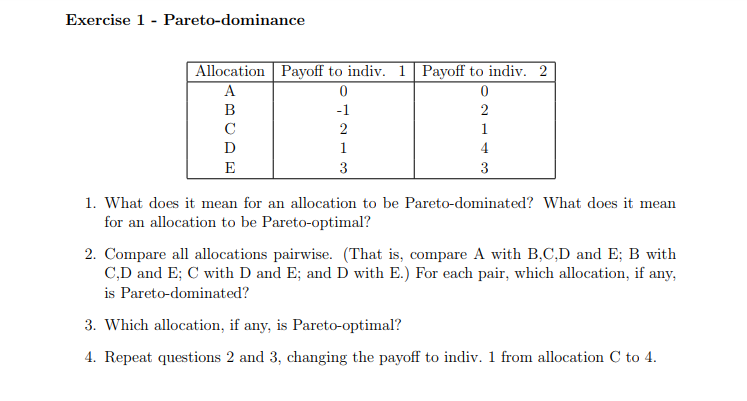 Solved Exercise 1 Pareto-dominance Allocation Payoff to | Chegg.com