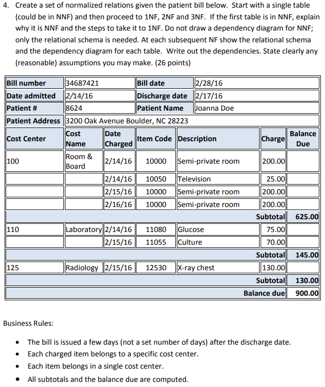 Solved 4. Create a set of normalized relations given the | Chegg.com