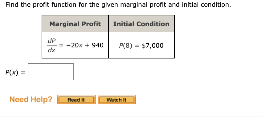 Solved Find the profit function for the given marginal | Chegg.com
