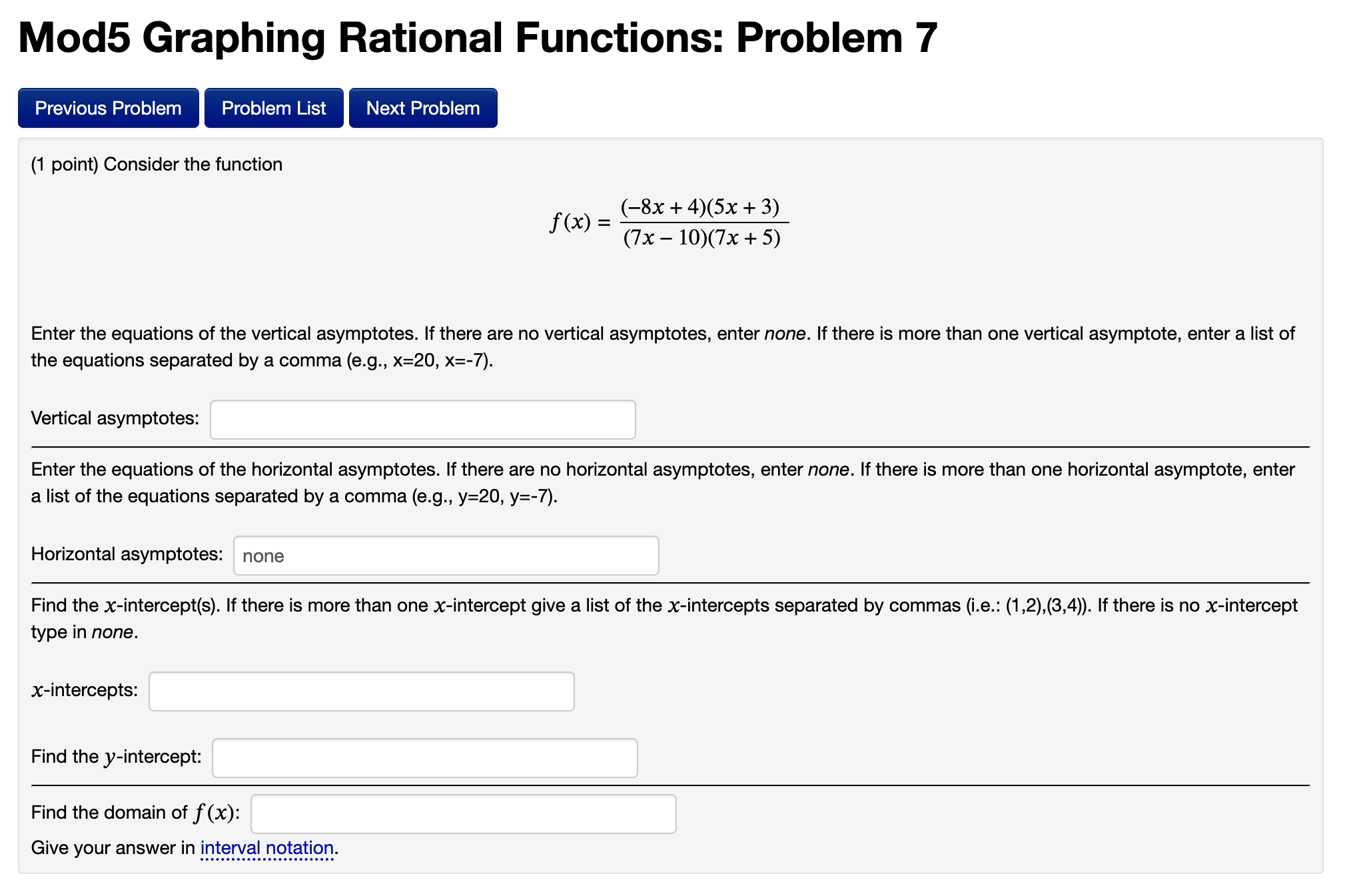 Solved Mod5 Graphing Rational Functions: Problem 6 (1 point) | Chegg.com