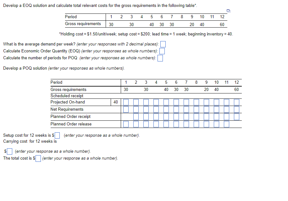 Solved Develop a EOQ solution and calculate total relevant | Chegg.com