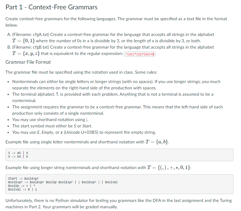 Part 1 - Context-Free Grammars Create context-free | Chegg.com
