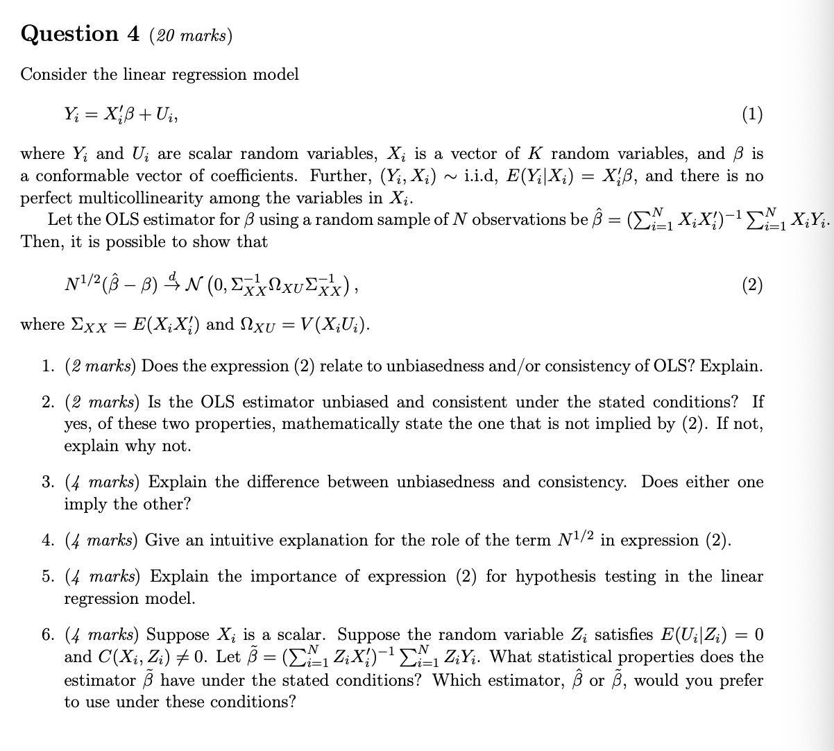 Solved Consider the linear regression model Yi=Xi′β+Ui where | Chegg.com