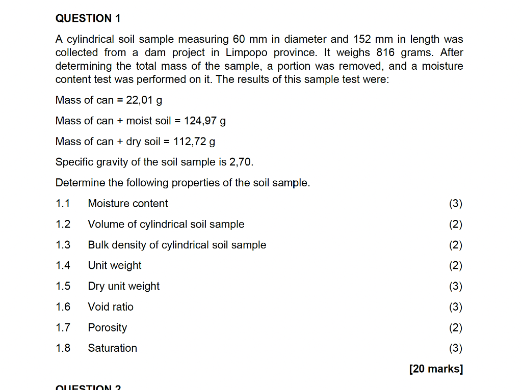 Solved QUESTION 1 A cylindrical soil sample measuring 60 mm | Chegg.com