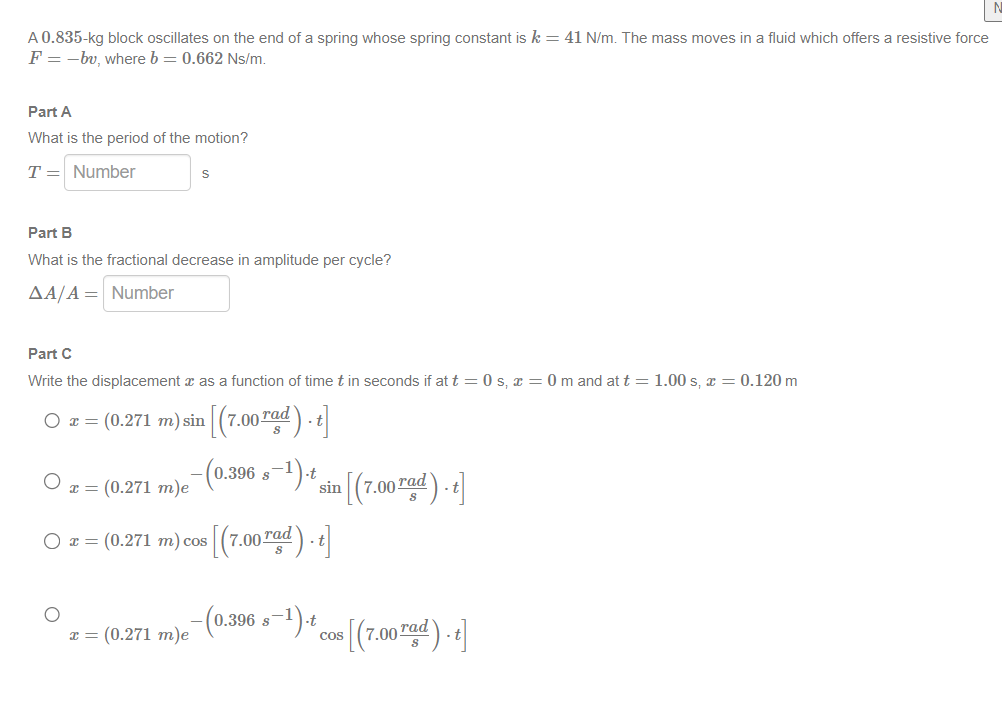 Solved A 0.835−kg block oscillates on the end of a spring | Chegg.com