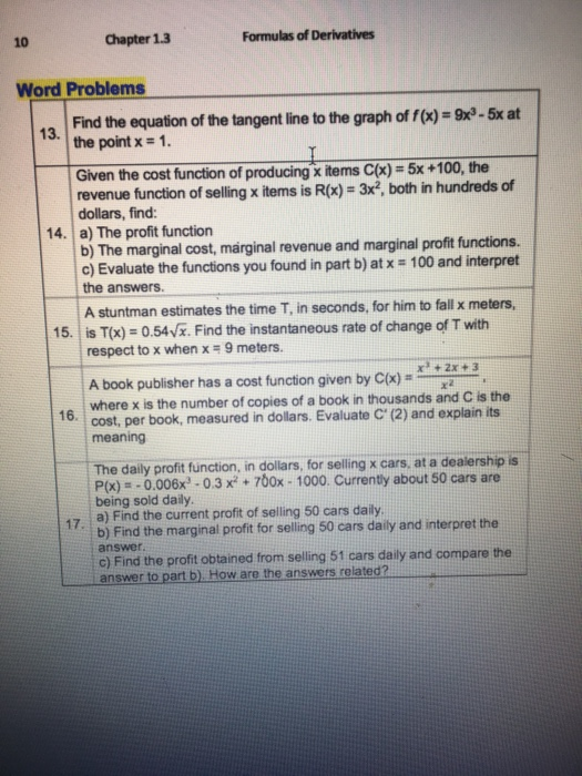 Solved 10 Chapter 1.3 Formulas of Derivatives Word Problems | Chegg.com