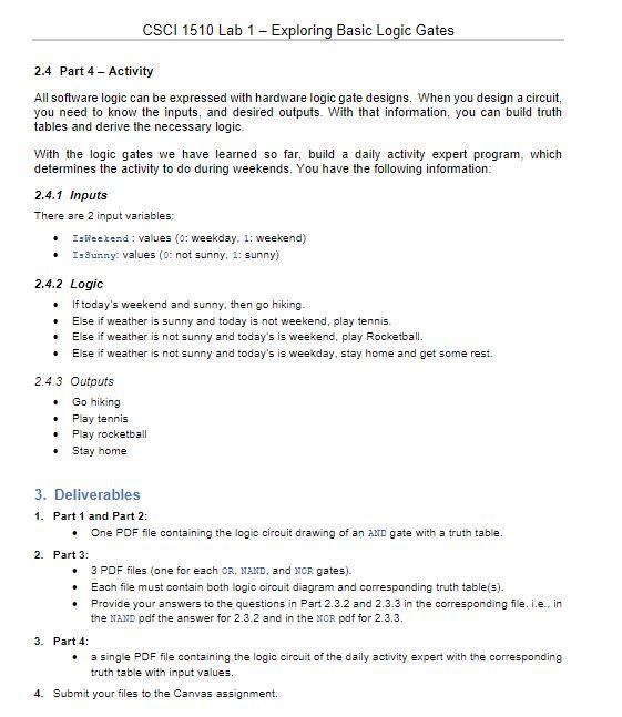 Solved CSCI 1510 Lab 1 - Exploring Basic Logic Gates 2.4 | Chegg.com