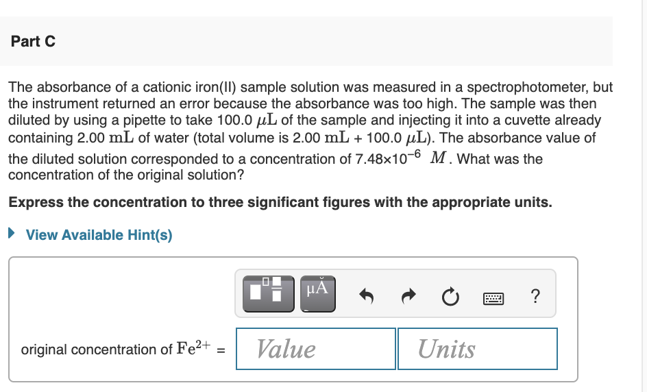 Solved Part C The absorbance of a cationic iron(II) sample | Chegg.com
