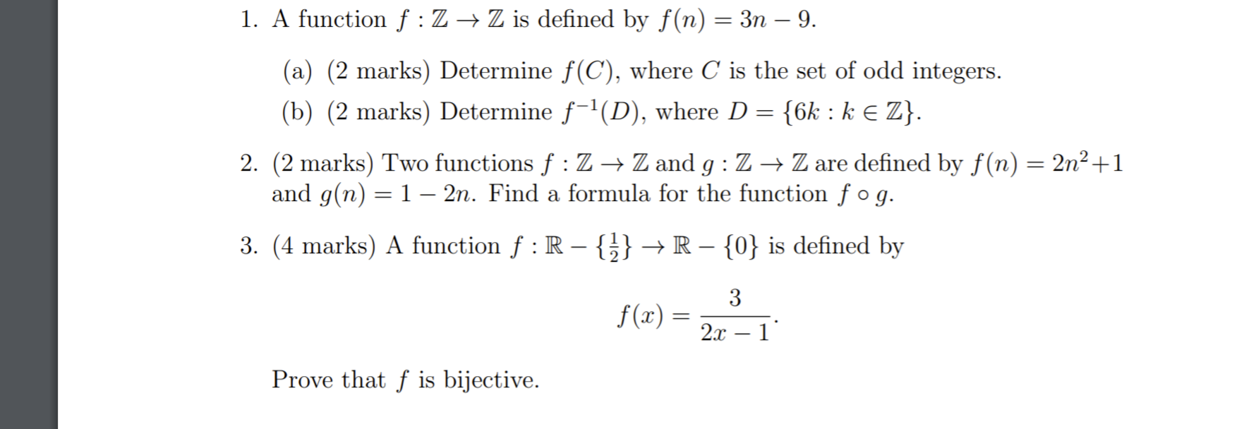 Solved 1. A function f :Z + Z is defined by f(n) = 3n – 9. | Chegg.com