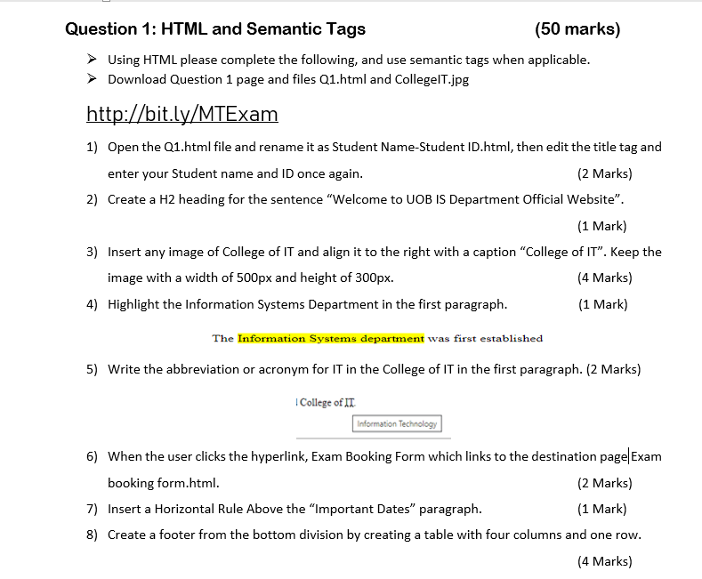 Solved Question 1: HTML and Semantic Tags (50 marks) Using | Chegg.com