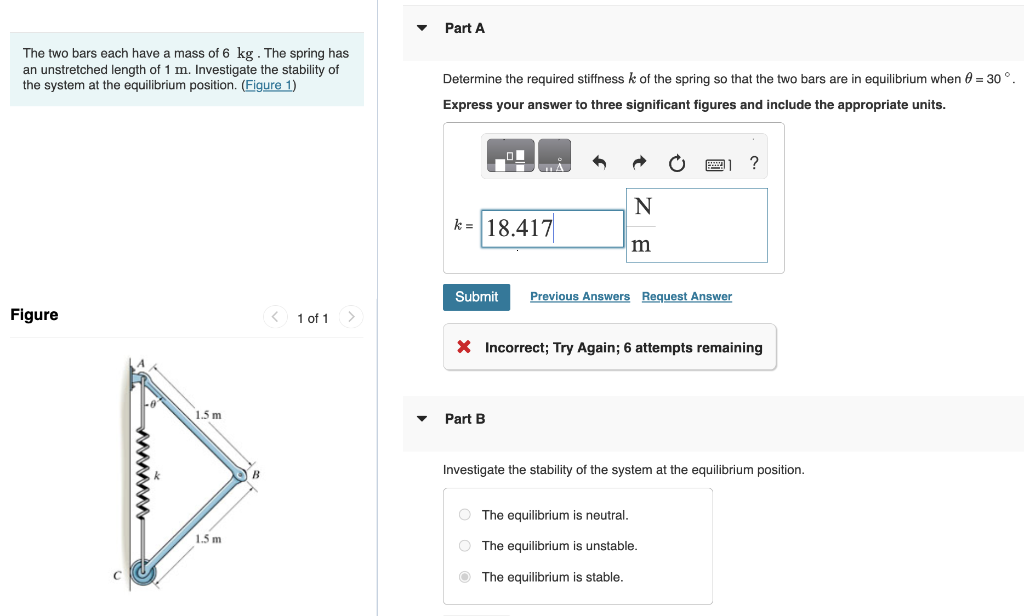 Solved The two bars each have a mass of 6 kg. The spring has | Chegg.com