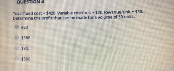 Solved QUESTION 4 Total fixed cost-$420. Variable cost/unit | Chegg.com