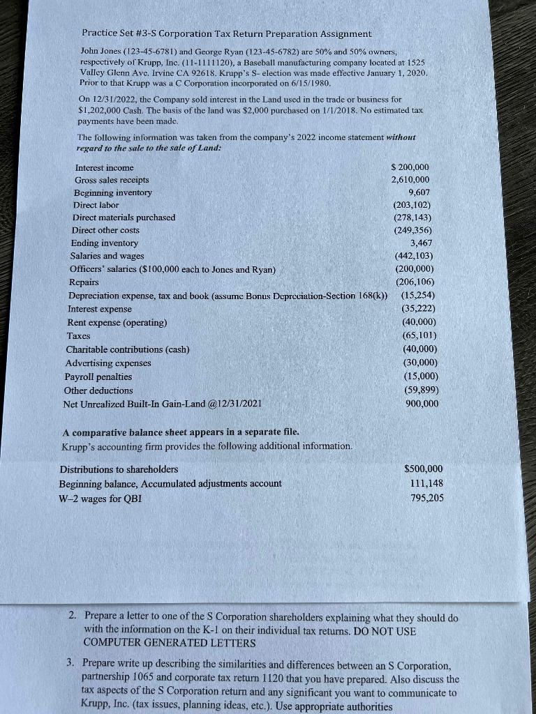 Solved Practice Set \#3-S Corporation Tax Return Preparation | Chegg.com