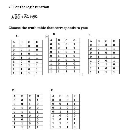 Solved For the logic function ABC +ĀC+BC B Choose the truth | Chegg.com