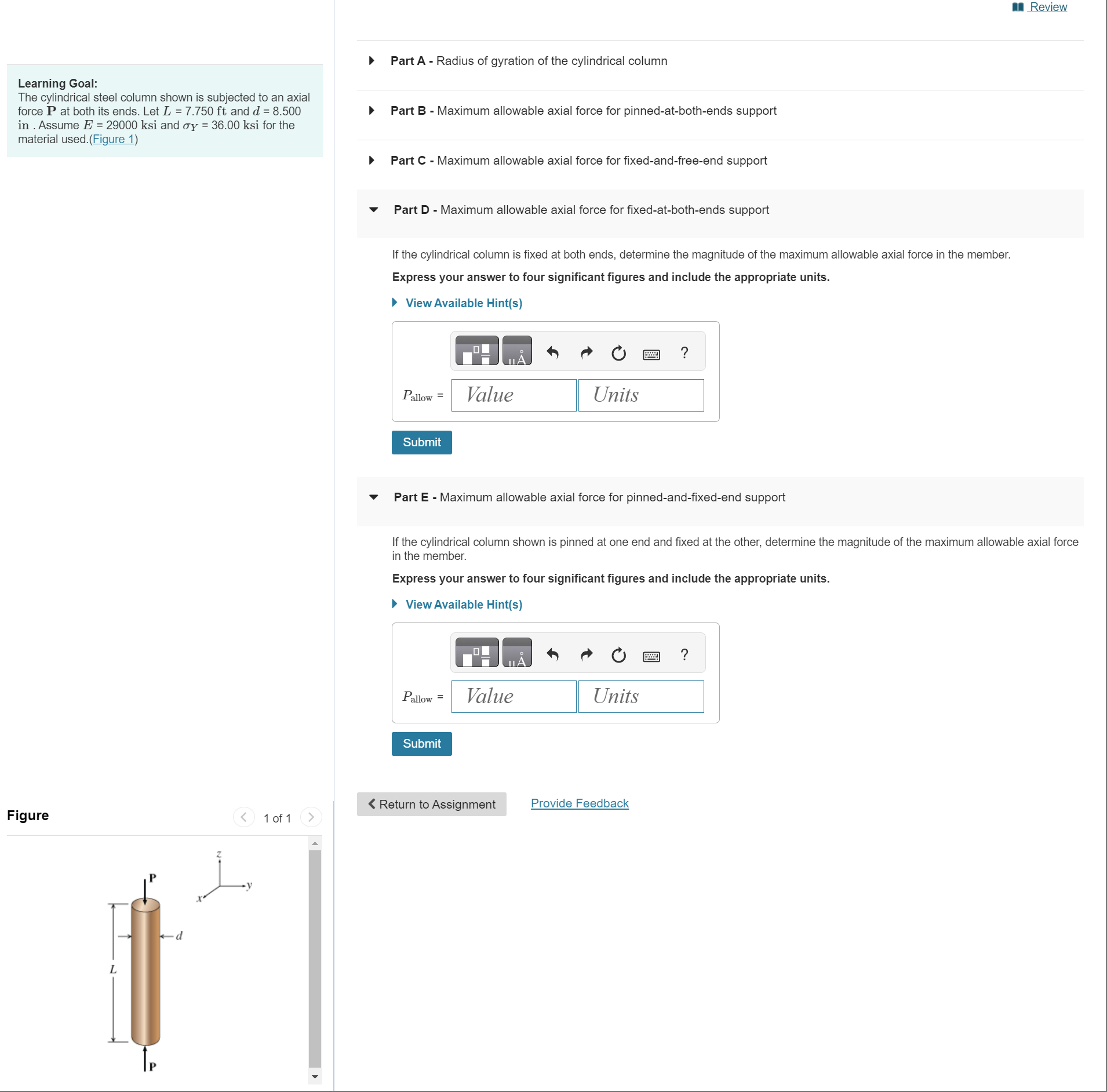 Solved The cylindrical steel column shown is subjected to an | Chegg.com