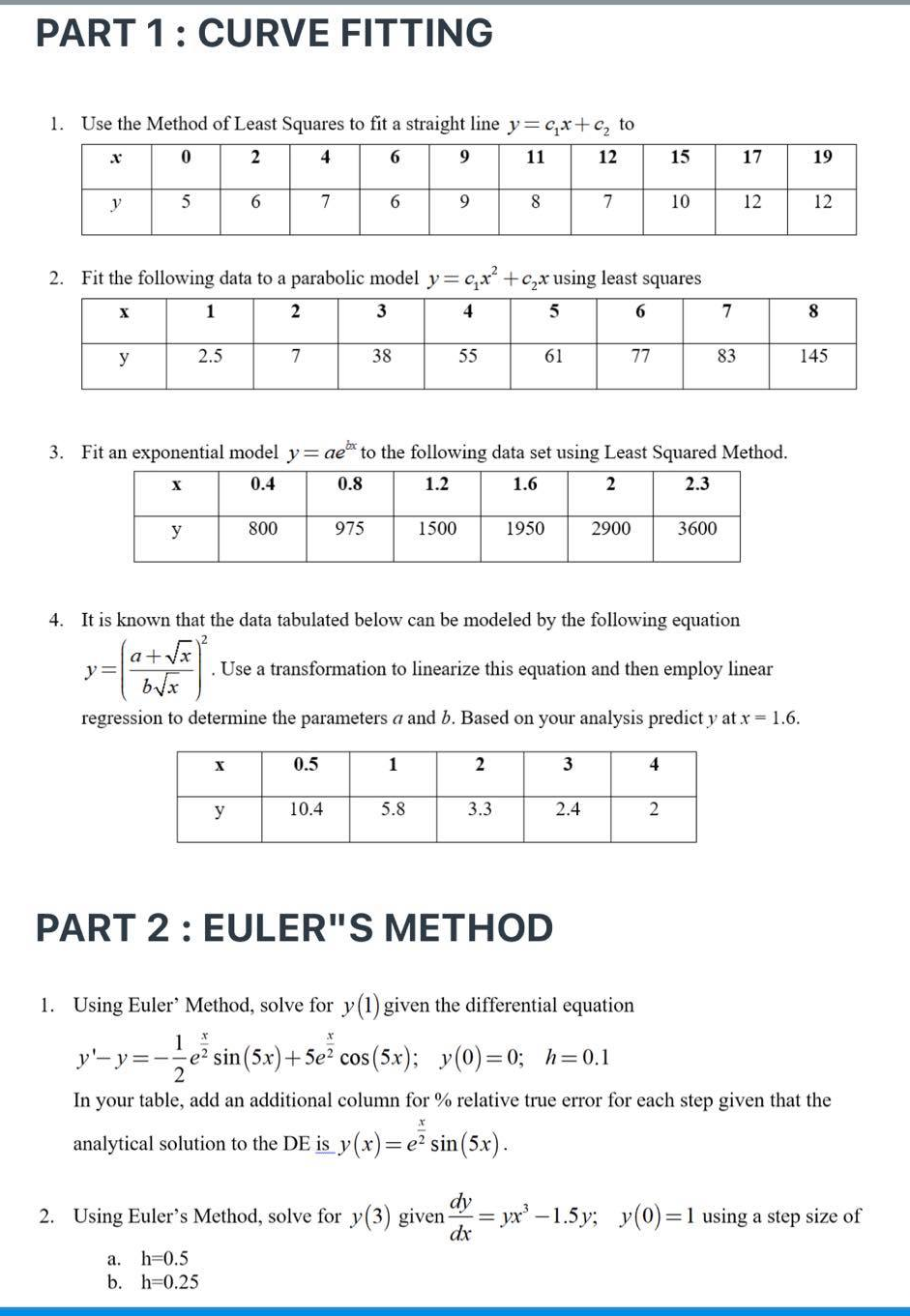 Solved Part 1 Curve Fitting 1 Use The Method Of Least