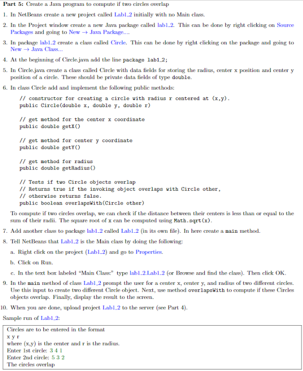 Solved Part 5 Create Java Program Compute Two Circles Overlap 1 Netbeans Create New Project 6528