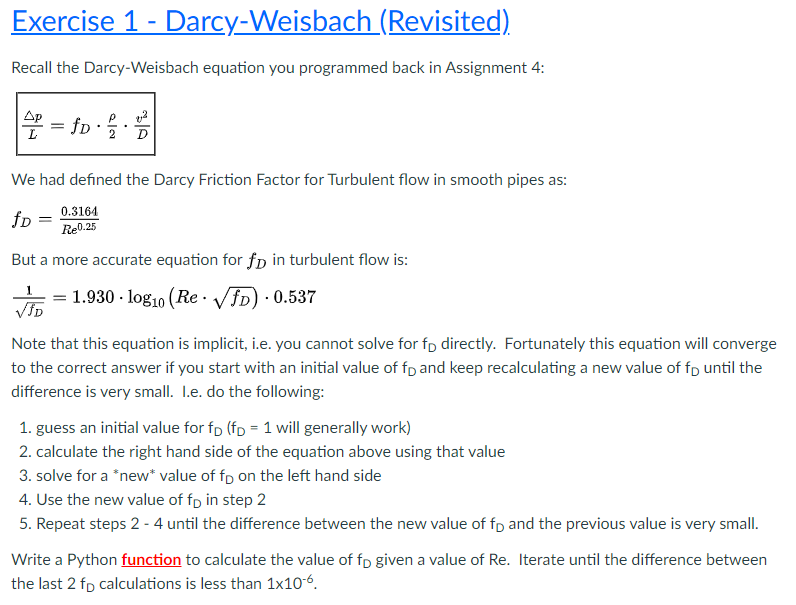 Solved Exercise 1 - Darcy-Weisbach (Revisited) Recall the | Chegg.com
