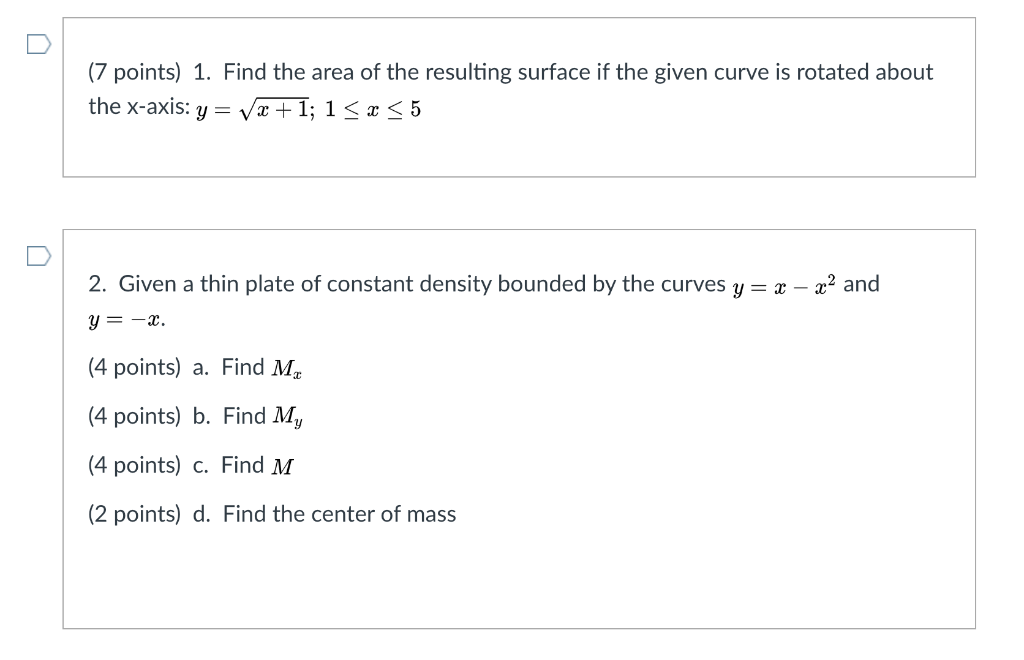 Solved (7 points) 1. Find the area of the resulting surface | Chegg.com