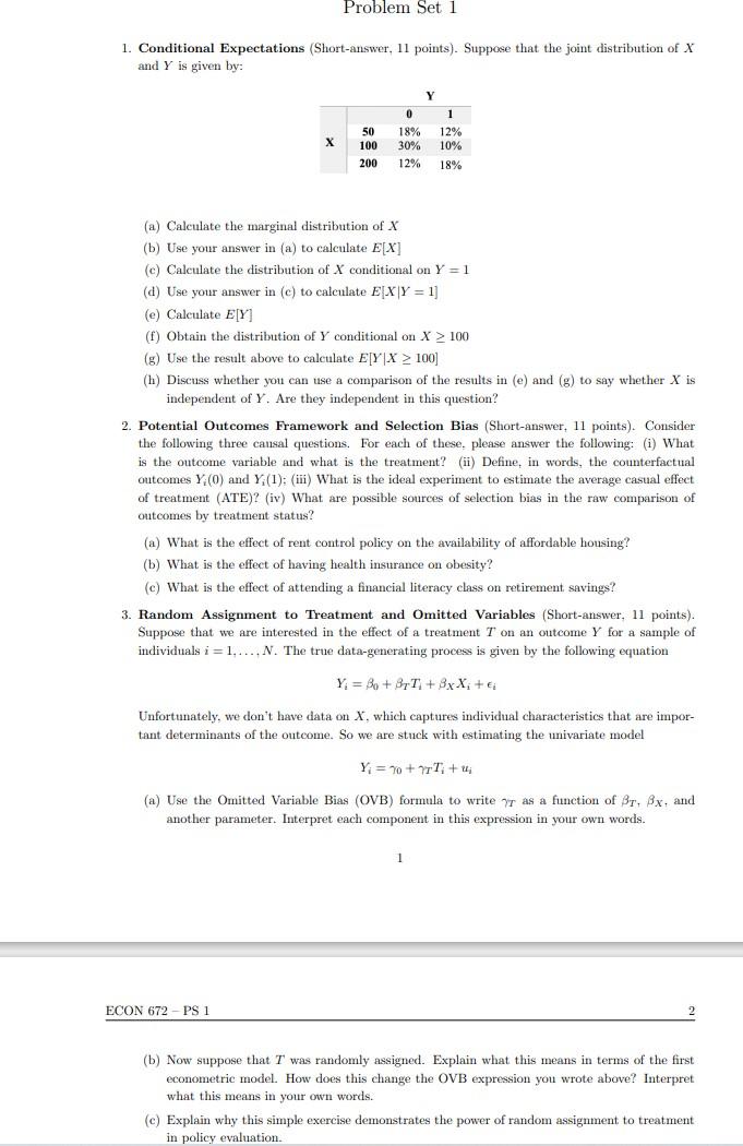 Solved Problem Set 1 1. Conditional Expectations | Chegg.com
