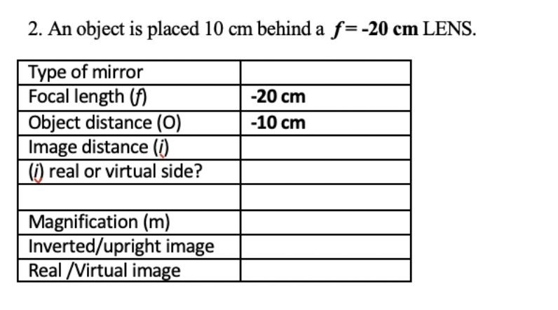 Solved 2. An object is placed 10 cm behind a f=-20 cm LENS. | Chegg.com