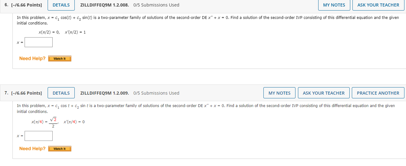Solved In this problem, x = c1 cos(t) + c2 sin(t) is a | Chegg.com