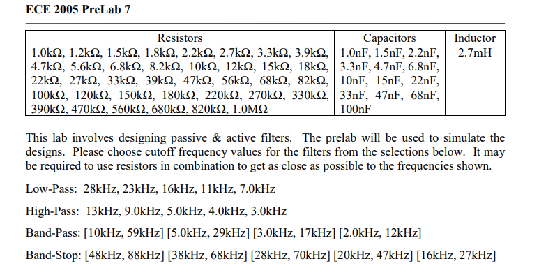 Solved ECE 2005 PreLab 7 This lab involves designing passive | Chegg.com