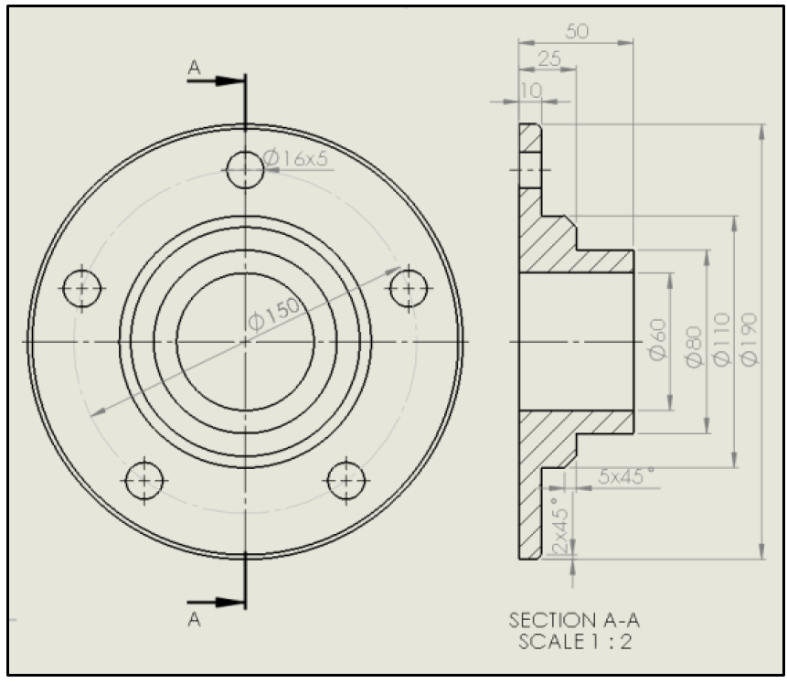 Solved Technical drawing of a flange is shown in Fig.1. | Chegg.com