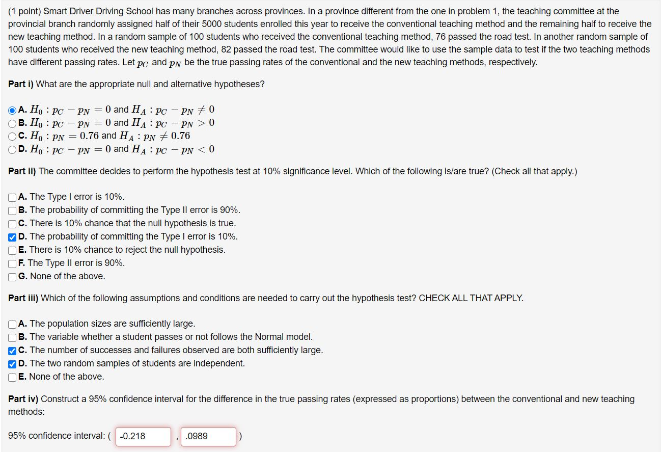 Solved (1 point) Smart Driver Driving School has many | Chegg.com