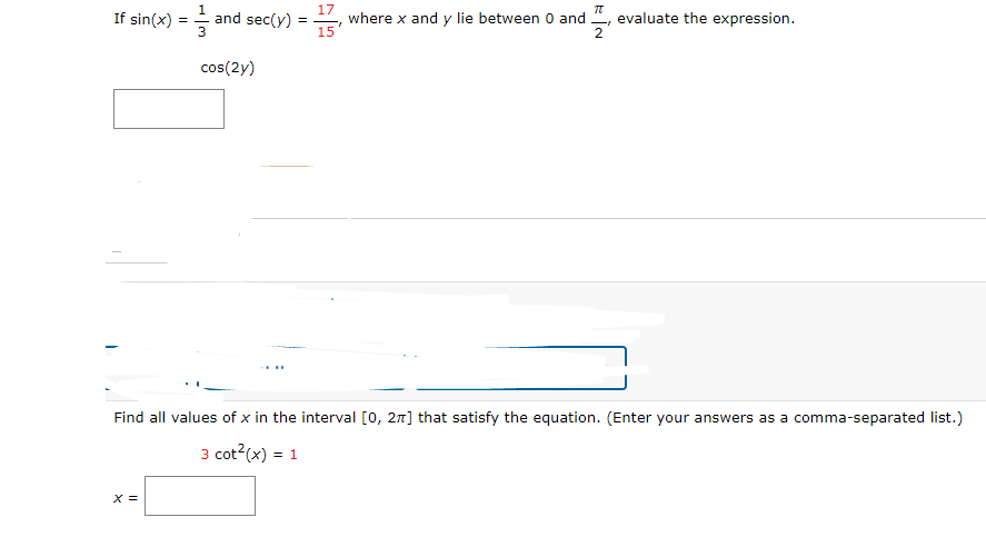 Solved If sin(x)=13 ﻿and sec(y)=1715, ﻿where x ﻿and y ﻿lie | Chegg.com