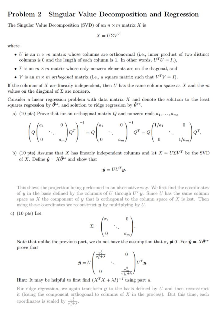 Problem 2 Singular Value Decomposition and Regression | Chegg.com