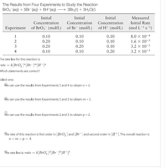 Solved BrO3−(aq)+5Br−(aq)+6H+(aq) 3Br2(l)+3H2O(l) The rate | Chegg.com