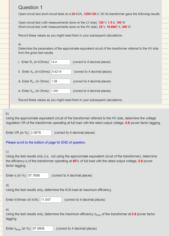 Solved Question 1 Open Circuit And Short Circuit Tests On A