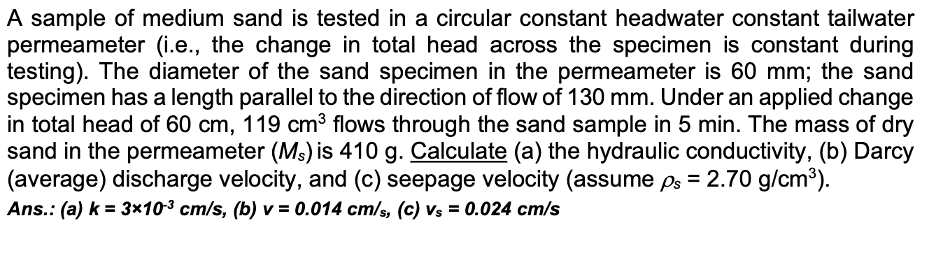 Solved A sample of medium sand is tested in a circular | Chegg.com