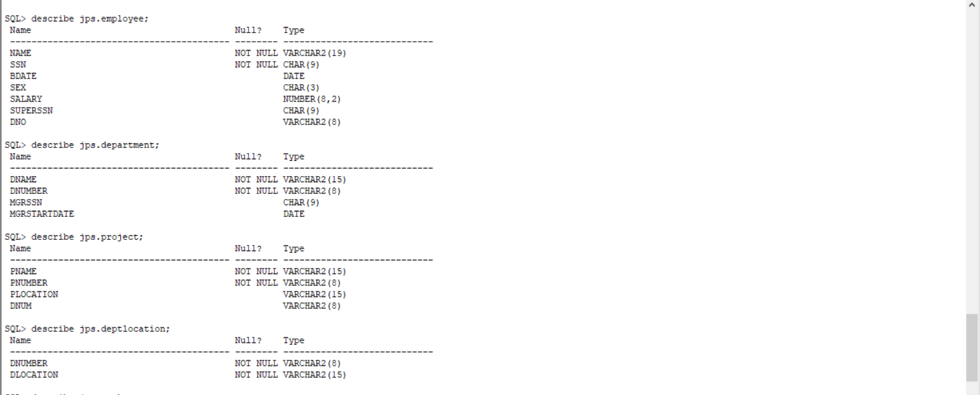 Solved SQL> select * from jps. employee; NAME SSN BDATE SEX | Chegg.com