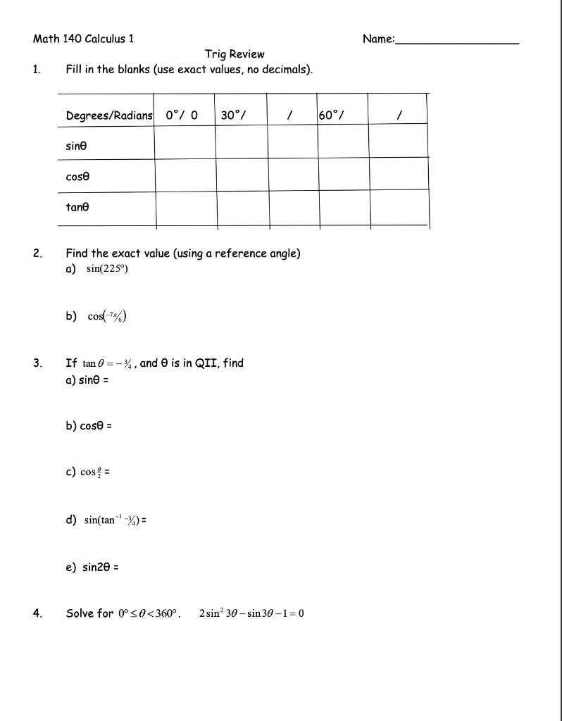 Solved Name: Math 140 Calculus 1 Trig Review 1. Fill in the | Chegg.com