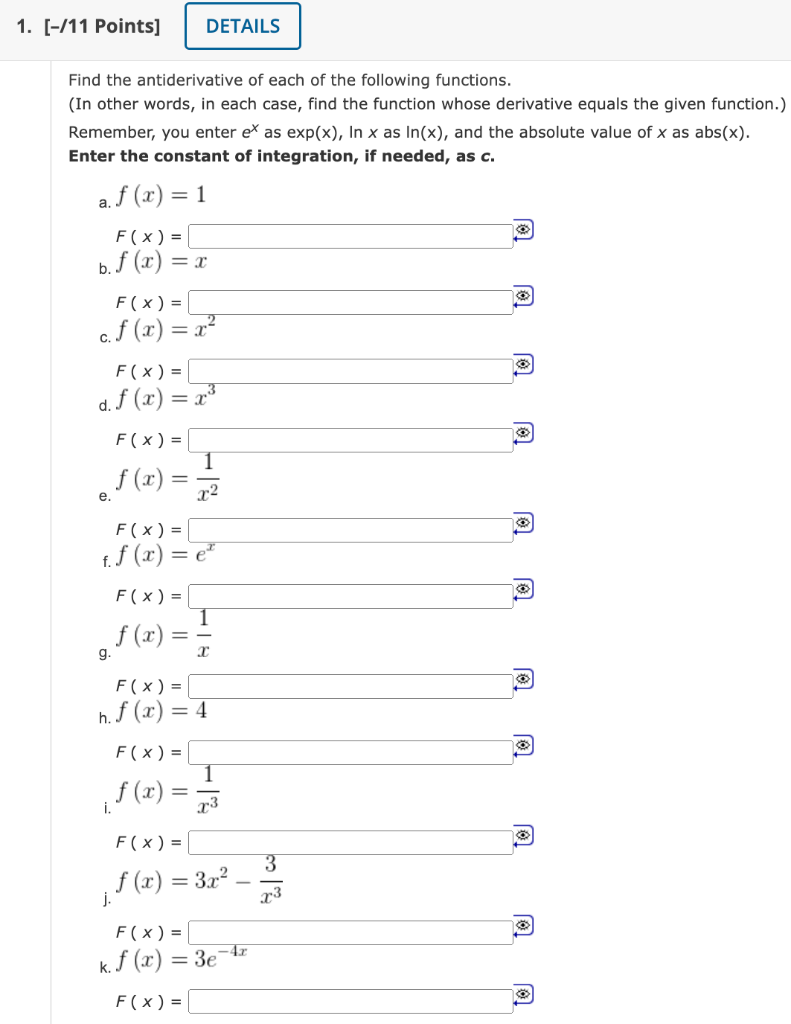 Solved Find The Antiderivative Of Each Of The Following
