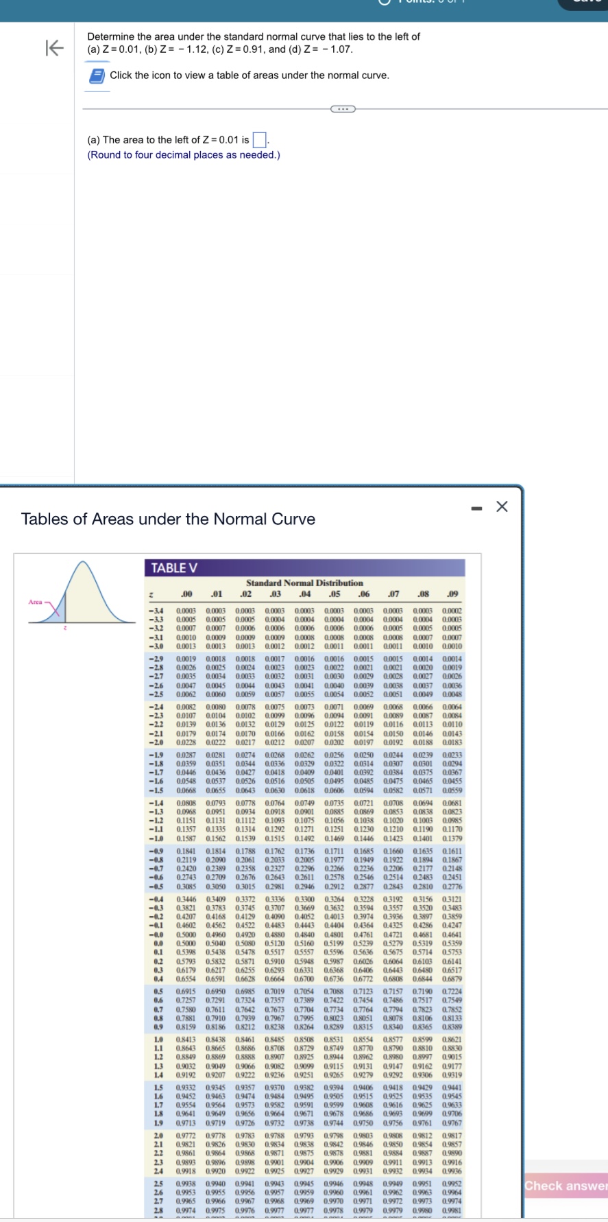 Solved Determine the area under the standard normal curve | Chegg.com
