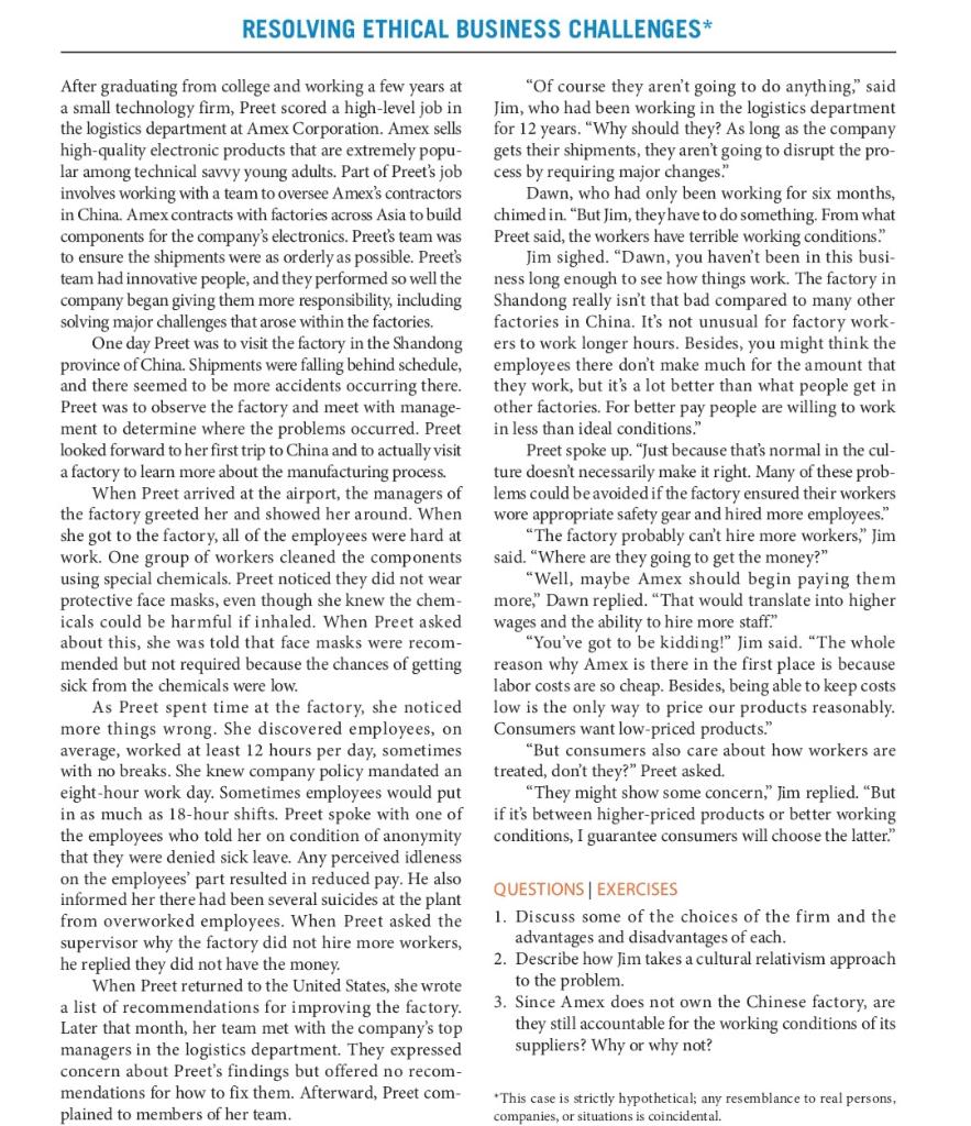 Solved Read the Resolving Ethical Business Challenges case | Chegg.com