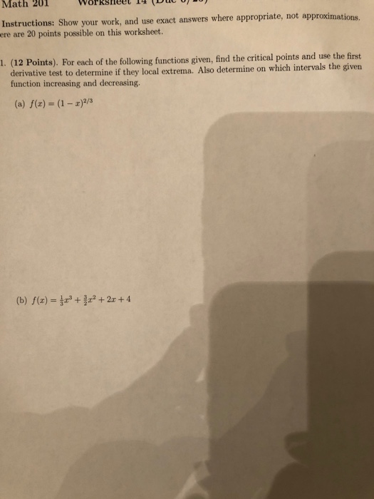 Solved Math 201 WorkSheet l Instructions: Show your work, | Chegg.com