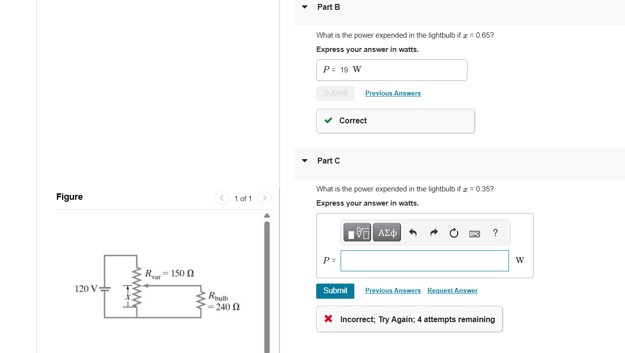 Part B What is the power expended in the lightbulb if | Chegg.com