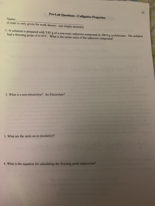 Solved Pre-Lab Questions Colligative Properties Name: Credit | Chegg.com