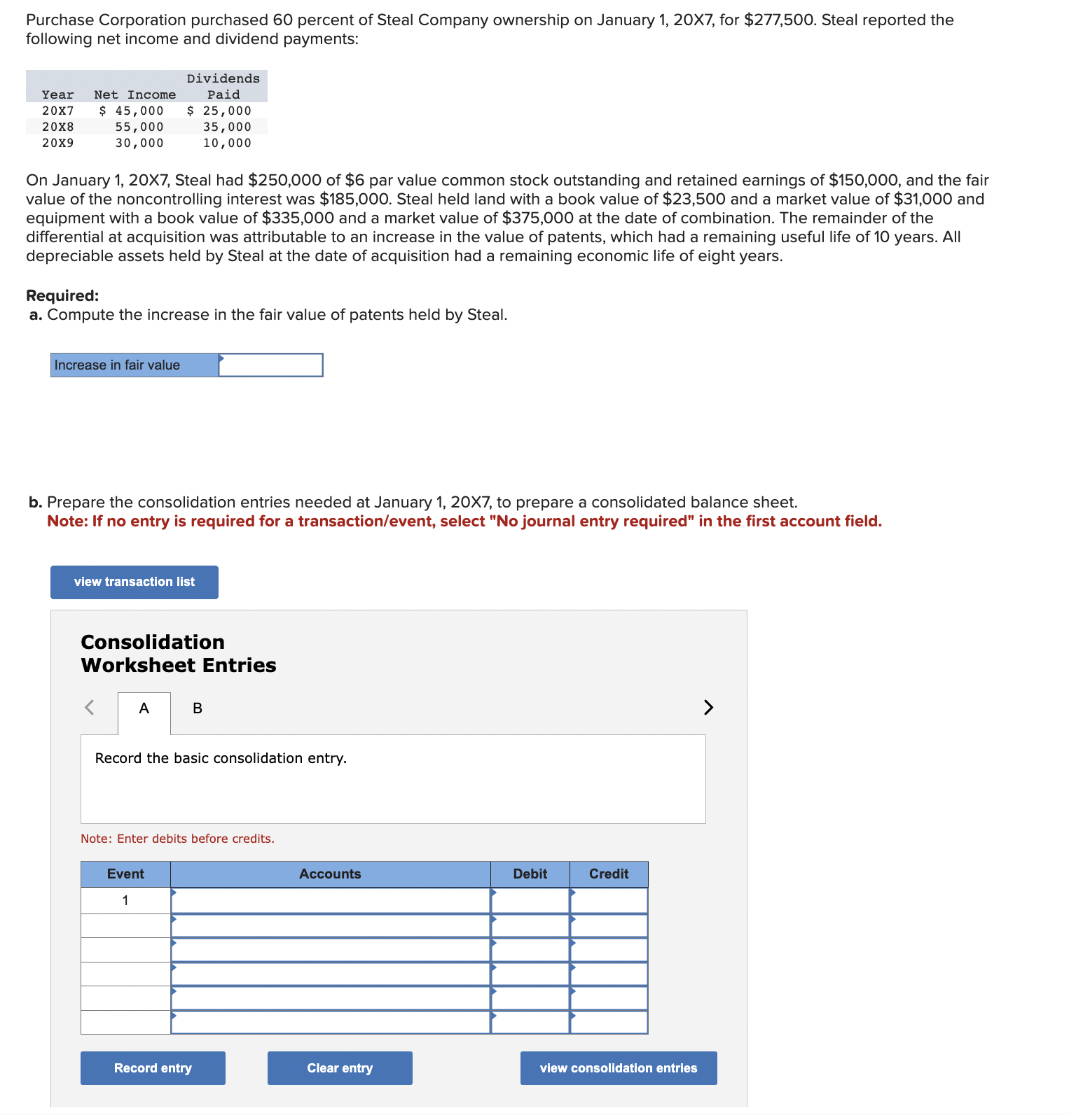 Solved Consolidation Worksheet Entries Record the excess | Chegg.com