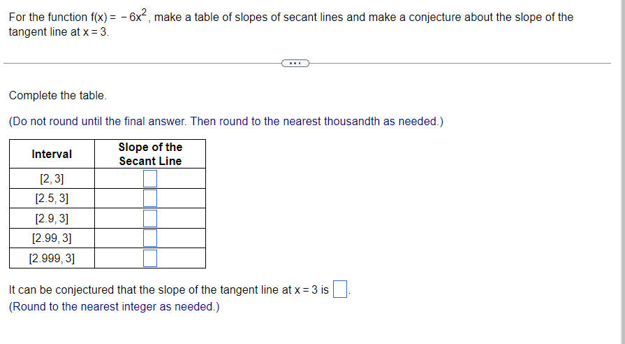 Solved For the function f(x)=−6x2, make a table of slopes of | Chegg.com