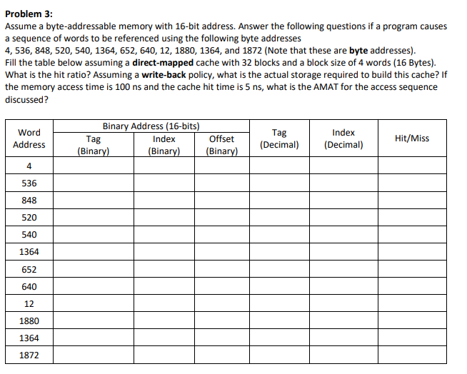 Solved Problem 3: Assume a byte-addressable memory with | Chegg.com