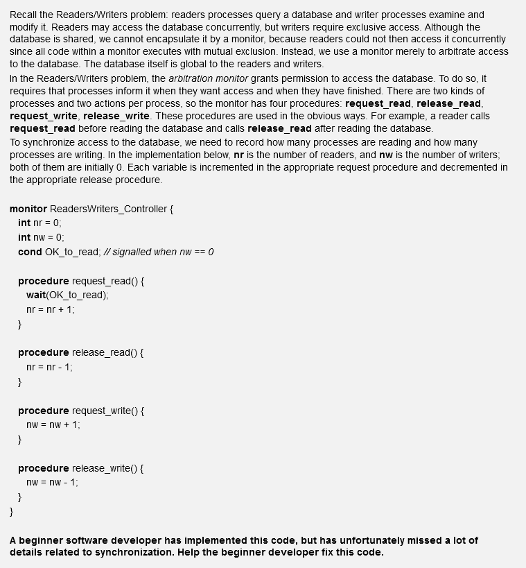 Solved Recall the Readers/Writers problem: readers processes | Chegg.com